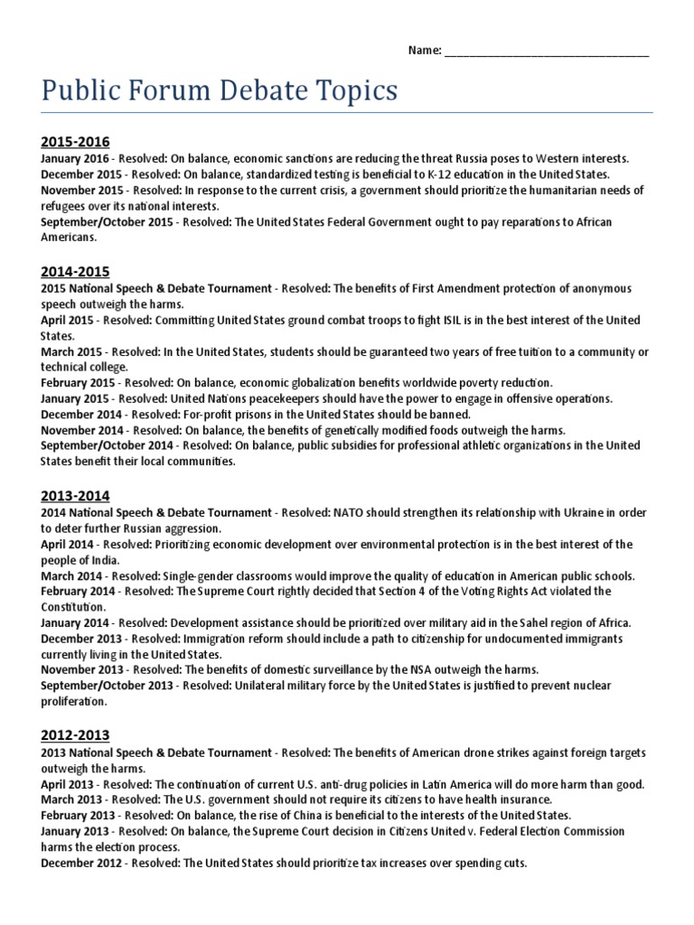 Public Forum Debate Topics | PDF | The United States | Citizenship