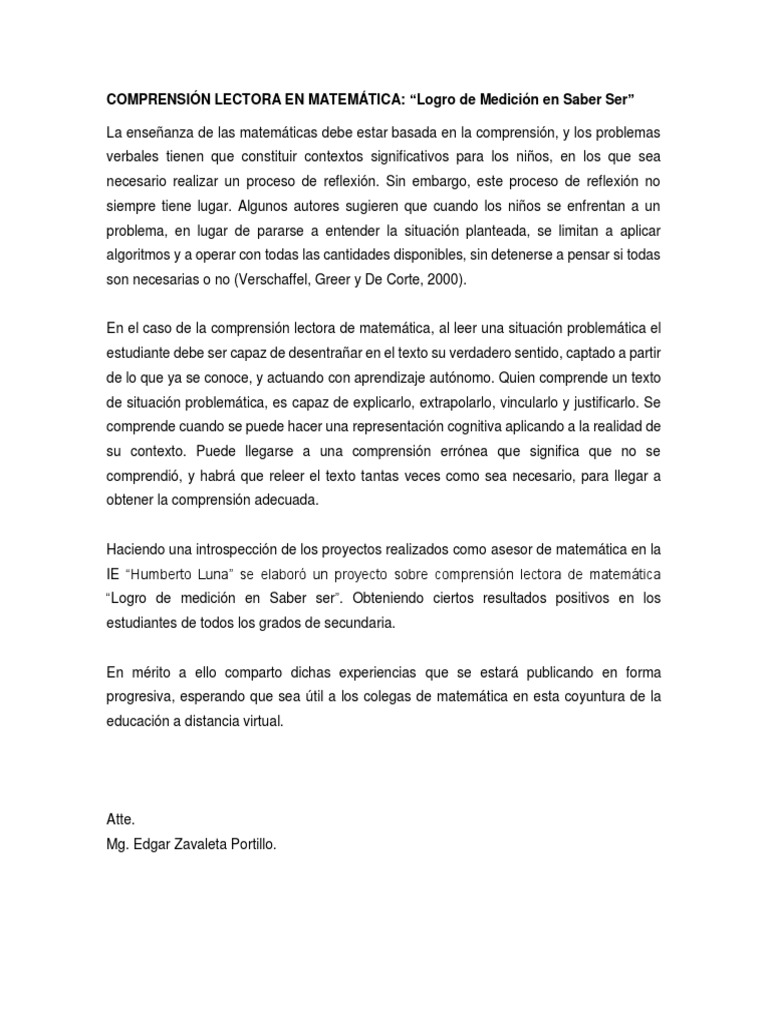 Comprensión Lectora en Matemáticas | PDF