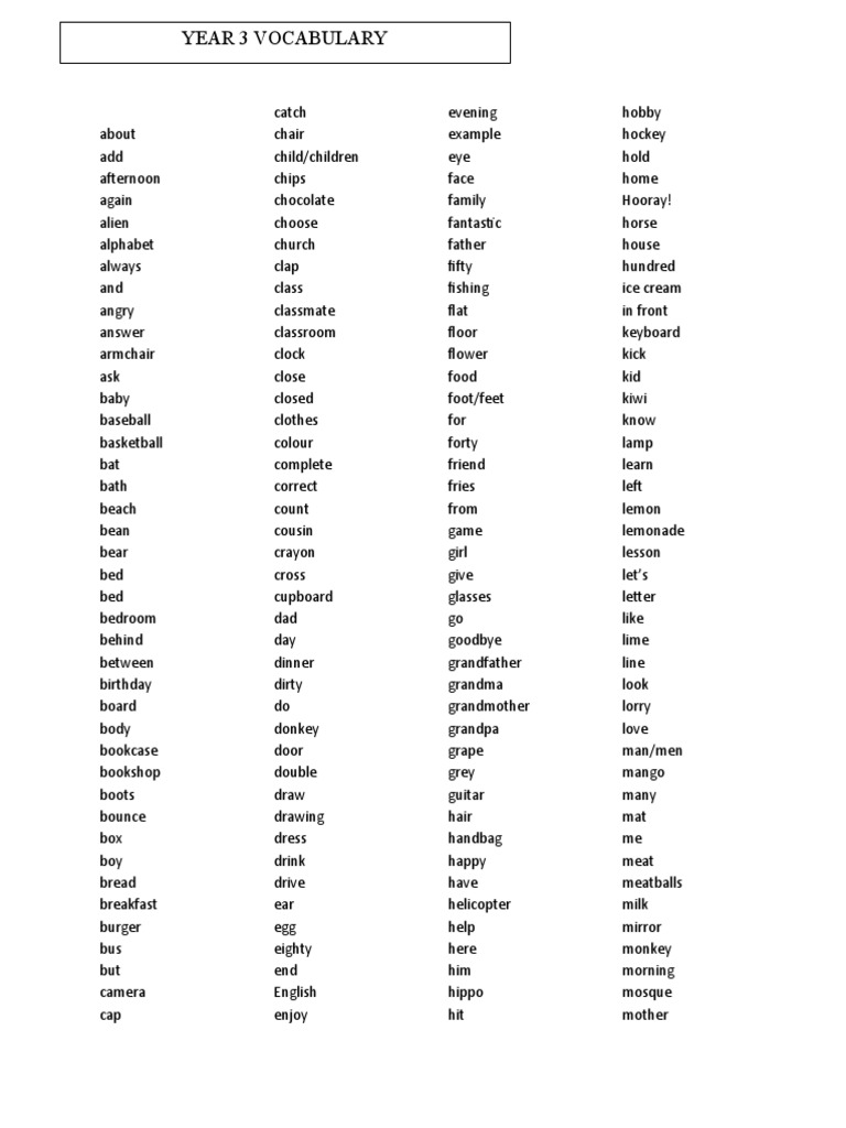Year 3 Vocabulary | PDF | Foods | Sports