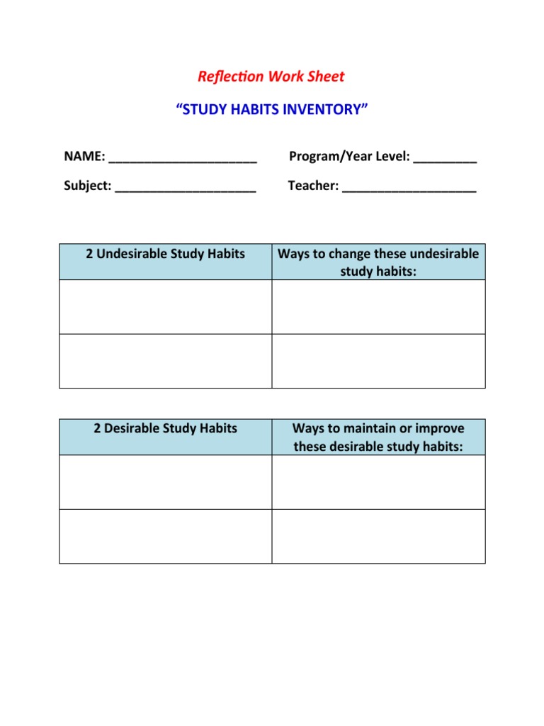 Study Habits Reflection Worksheet | PDF