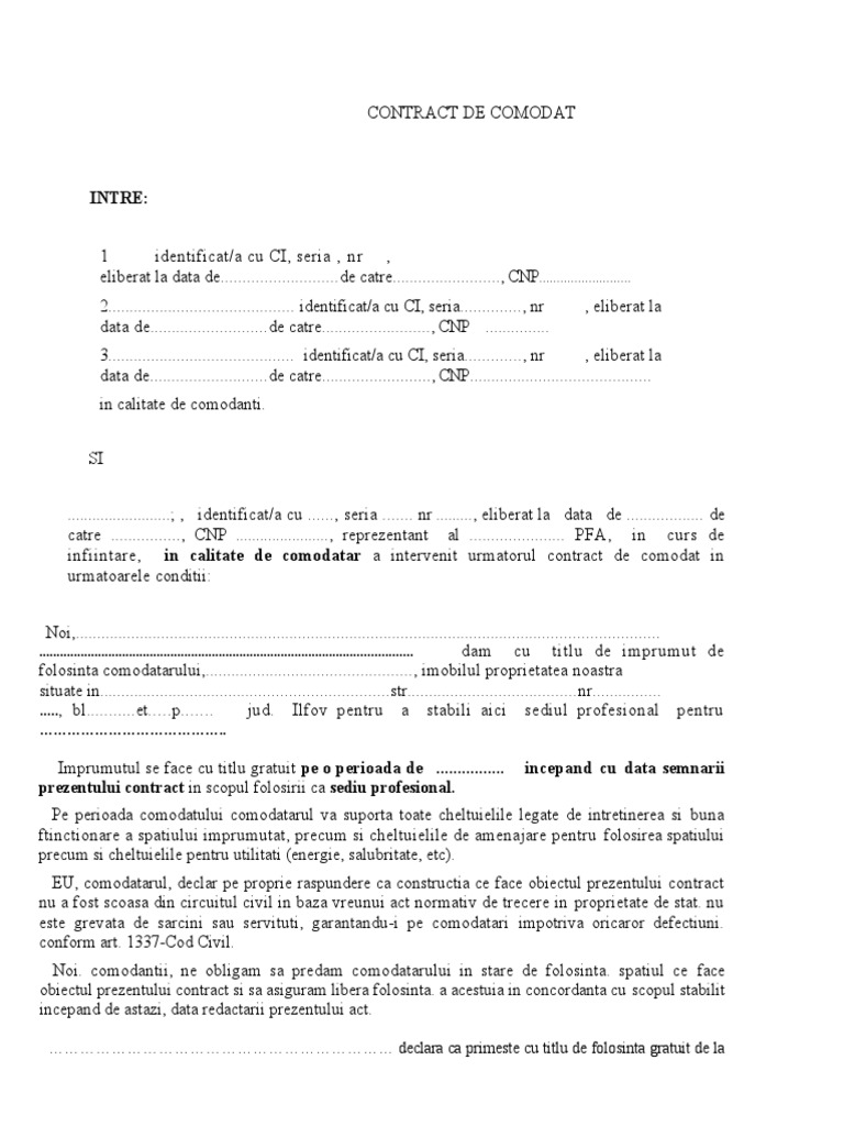 CONTRACT DE COMODAT Model Reg Com | PDF