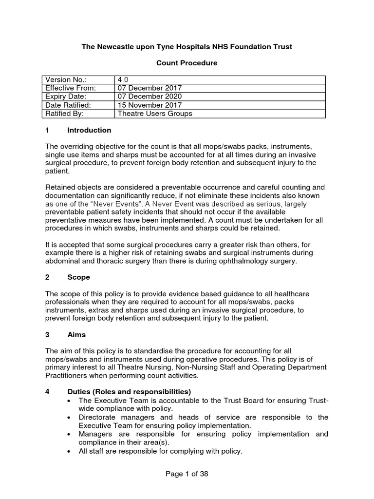 Surgical Count Procedure Policy | PDF | Surgery | Sterilization ...