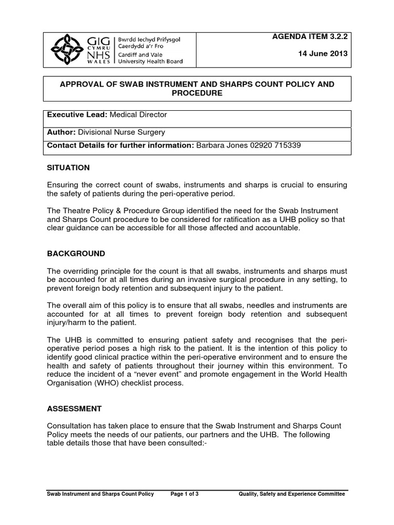 Swab and Sharps Count Policy | PDF | Surgery | Patient Safety