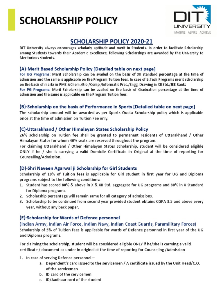 Scholarship Policy 2020-21 | PDF | University And College Admission ...