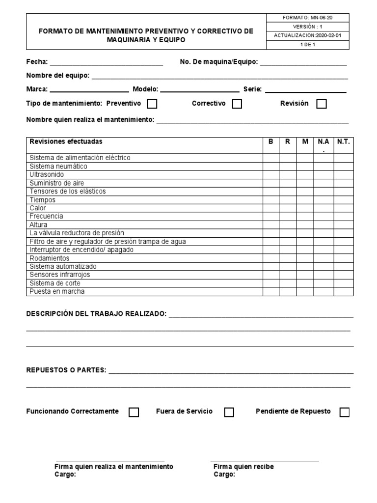Formato de Mantenimiento Preventivo y Correctivo de Maquinaria y Equipo | PDF