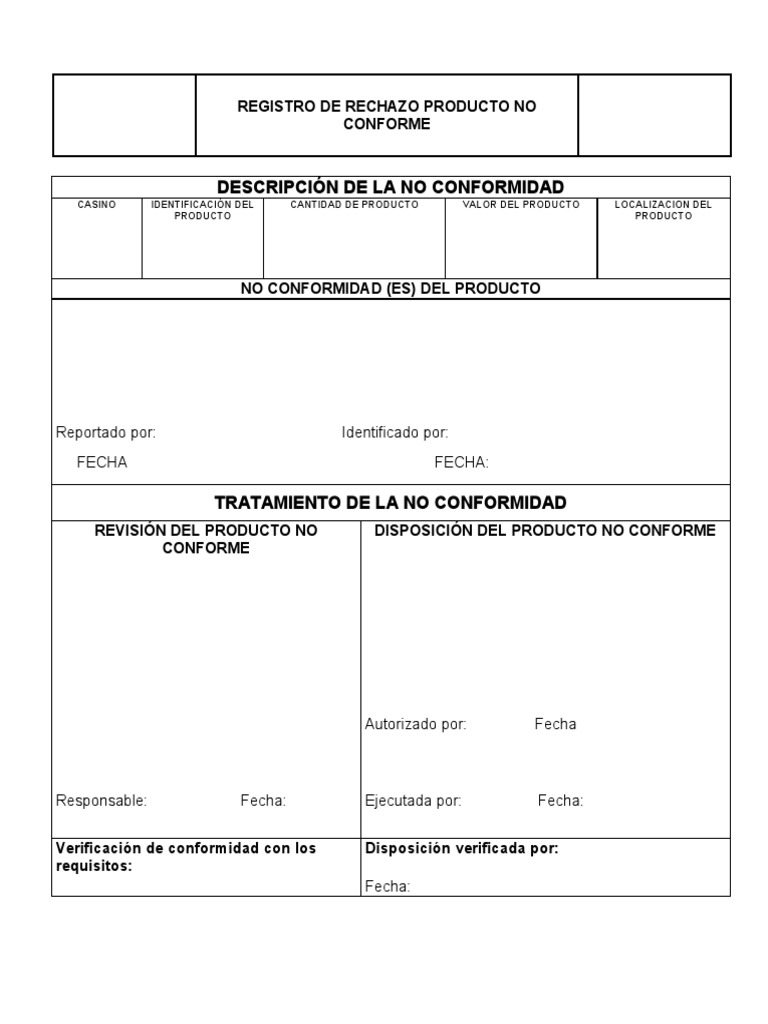 Registro de Rechazo Producto No Conforme | PDF