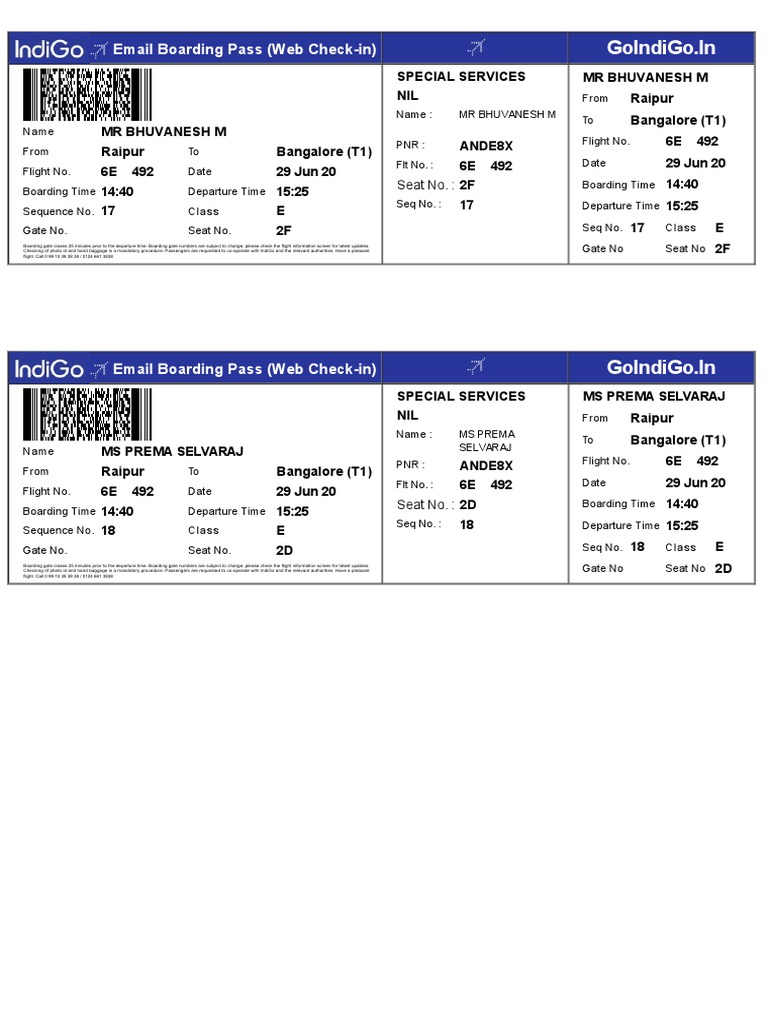 IndiGo Email Boarding Pass Details | PDF | Aviation