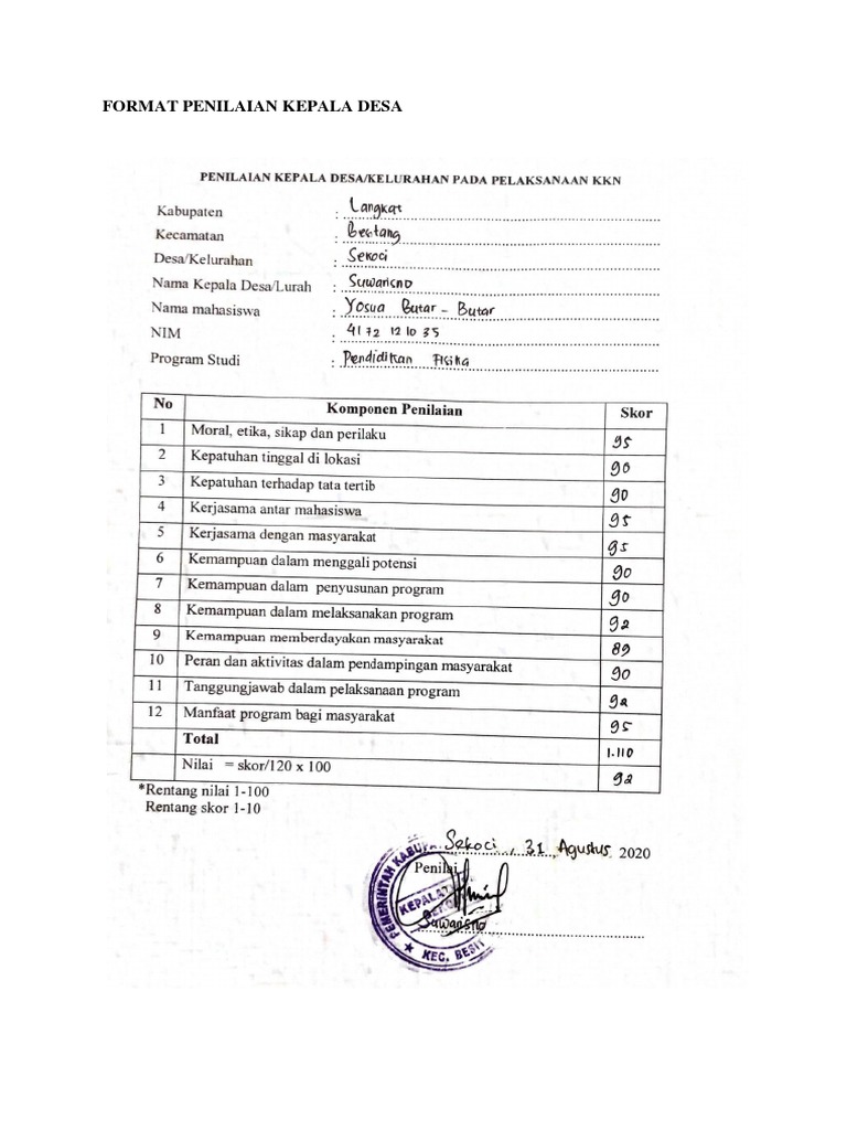 PENILAIAN KEPALA DESA Dan LAPORAN KKN | PDF