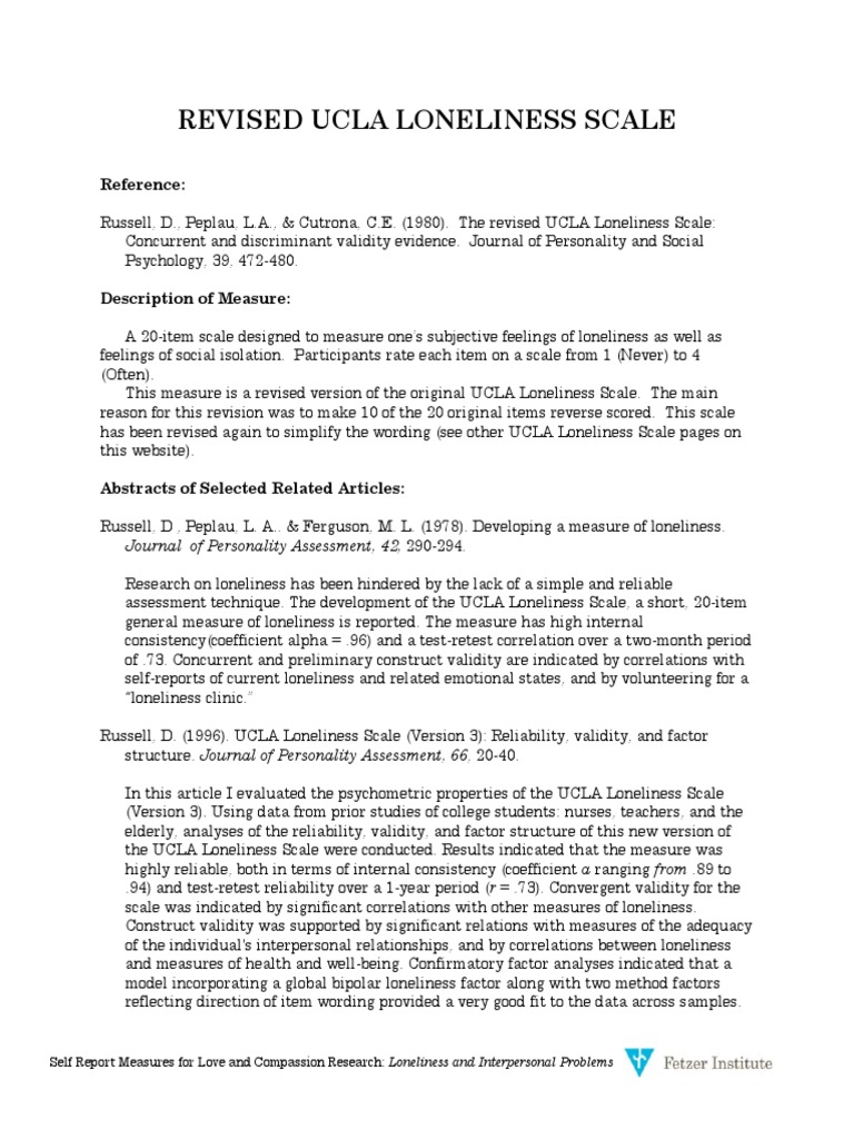 Self Measures For Loneliness and Interpersonal Problems UCLA LONELINESS ...