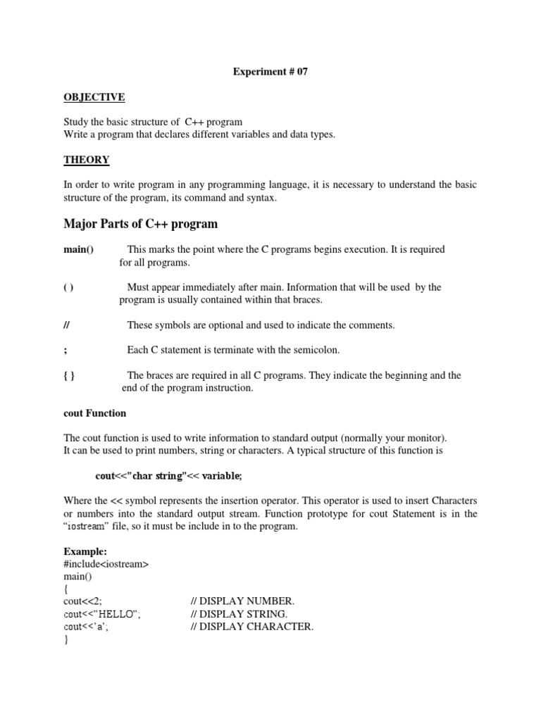 Major Parts of C++ Program: Experiment # 07 Objective | PDF | C ...
