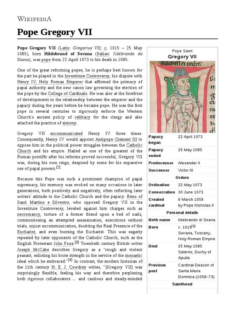 Pope Gregory VII (Latin: Gregorius VII C. 1015 - 25 May | PDF | Pope ...