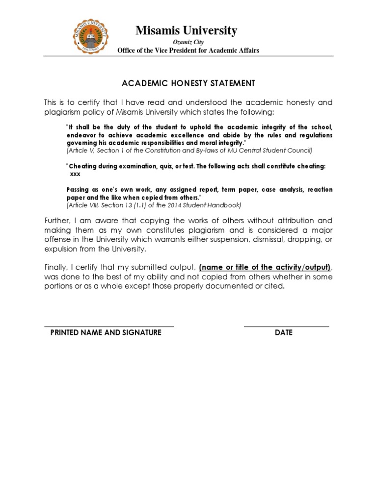 Academic Honesty Statement | PDF