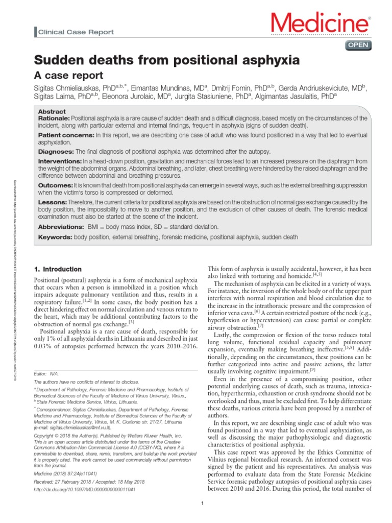 Sudden Deaths From Positional Asphyxia A Case Report, Chmieliauskas S ...