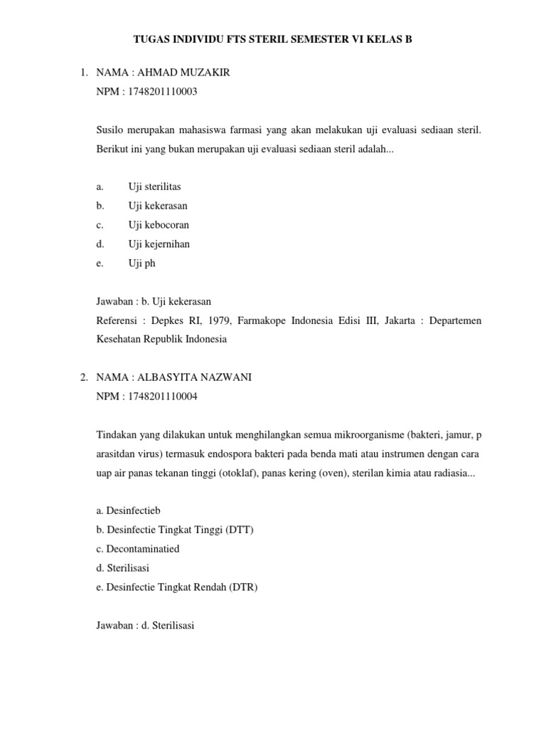 Tugas Individu FTS Steril Semester Vi Kelas B | PDF