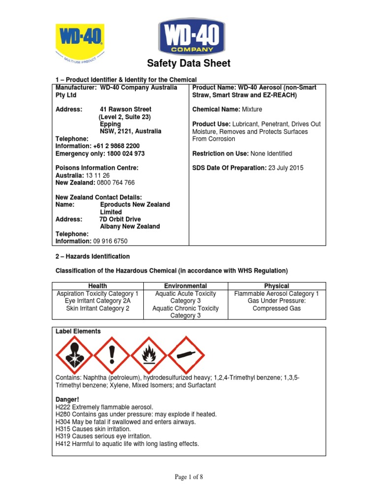 WD 40 Aerosol AUNZ GHS SDS 7 23 15 With EZ REACH Addition | PDF ...