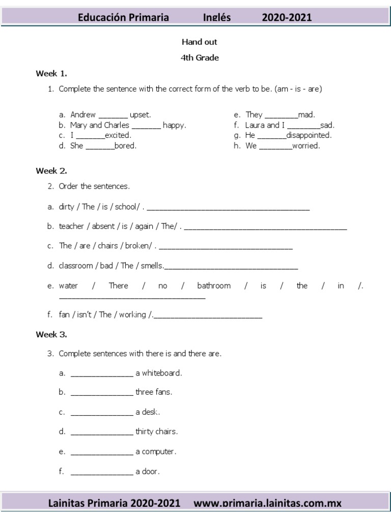 Educación Primaria Inglés 2020-2021: Hand Out 4th Grade Week 1 | PDF