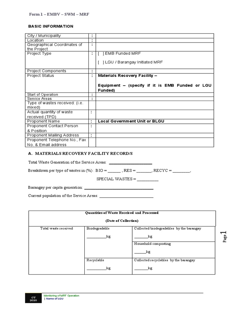 Basic Information::: Form 1 - Embv - SWM - MRF | PDF | Waste ...