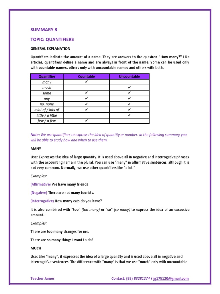 Summary 3 Topic: Quantifiers: Many Much Some Any No, None A Lot of ...
