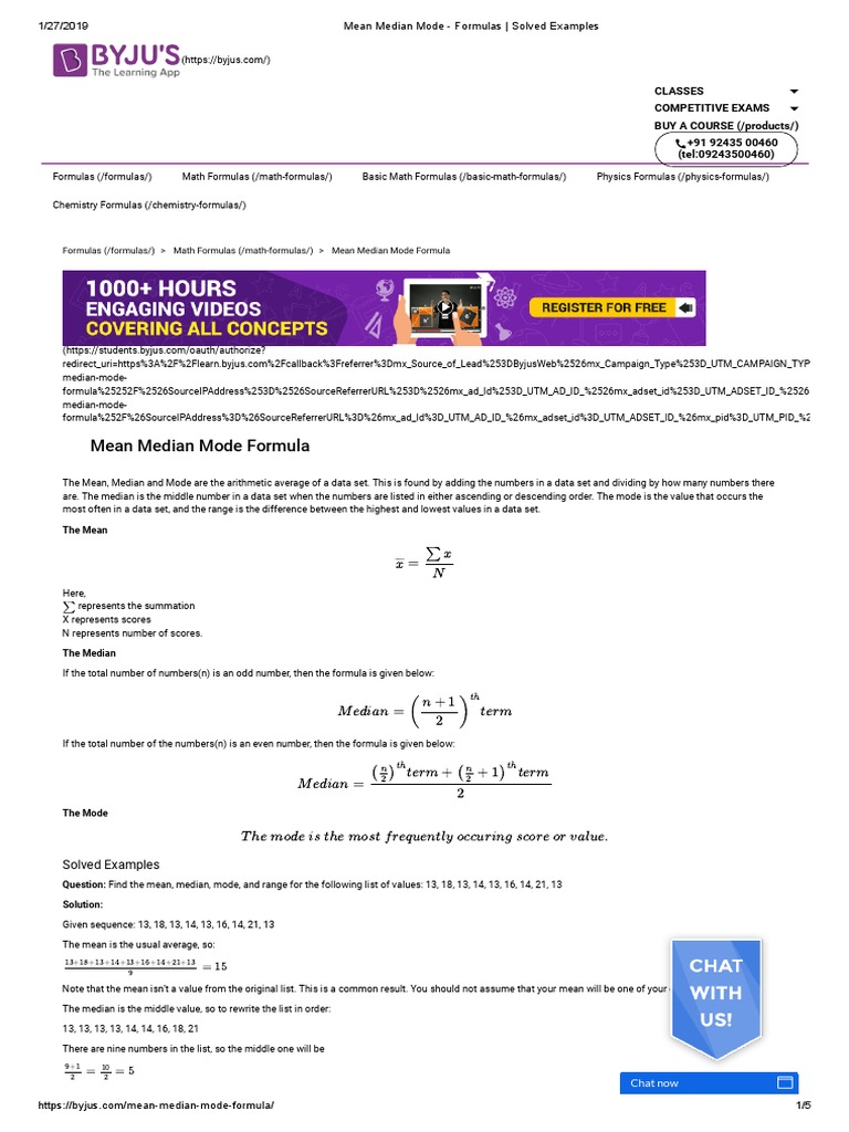 Mean Median Mode - Formulas - Solved Examples | PDF | Mean | Mode ...