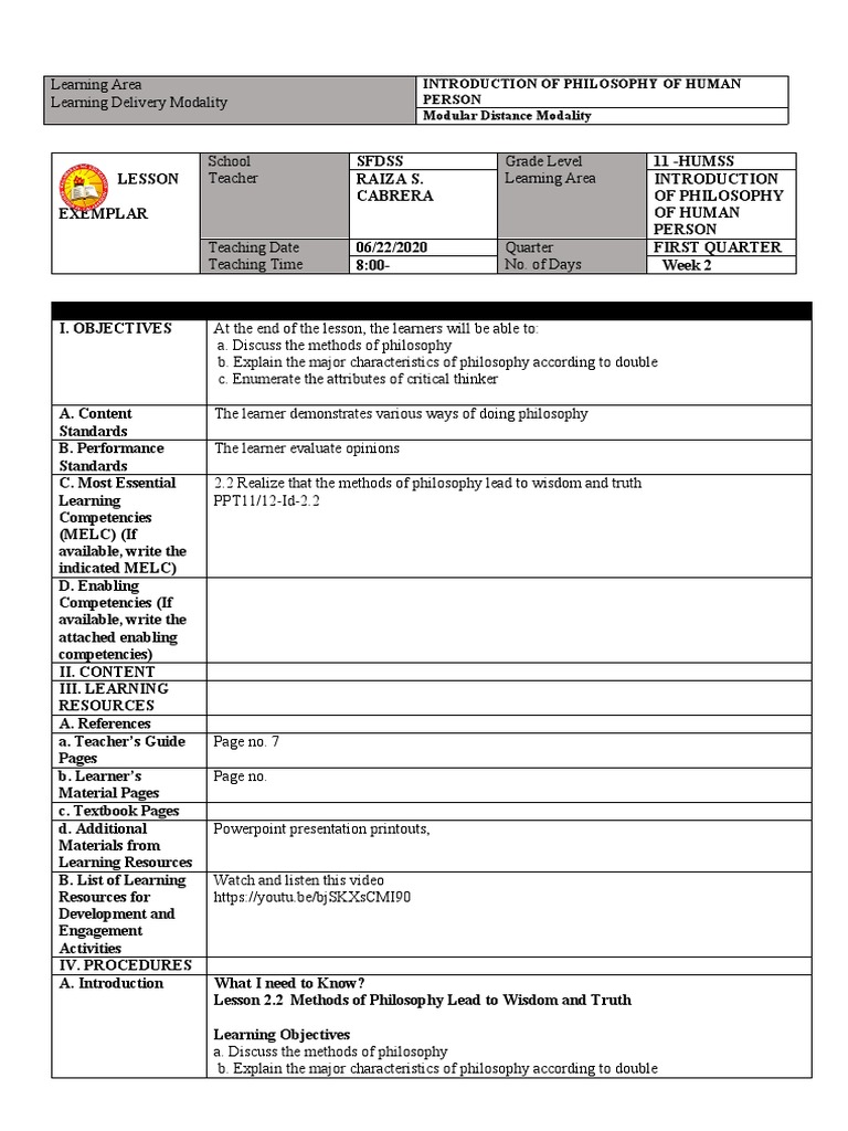 Lesson-Exemplar-in-Intro. of Philo. Lesson2.2 | PDF | Critical Thinking ...