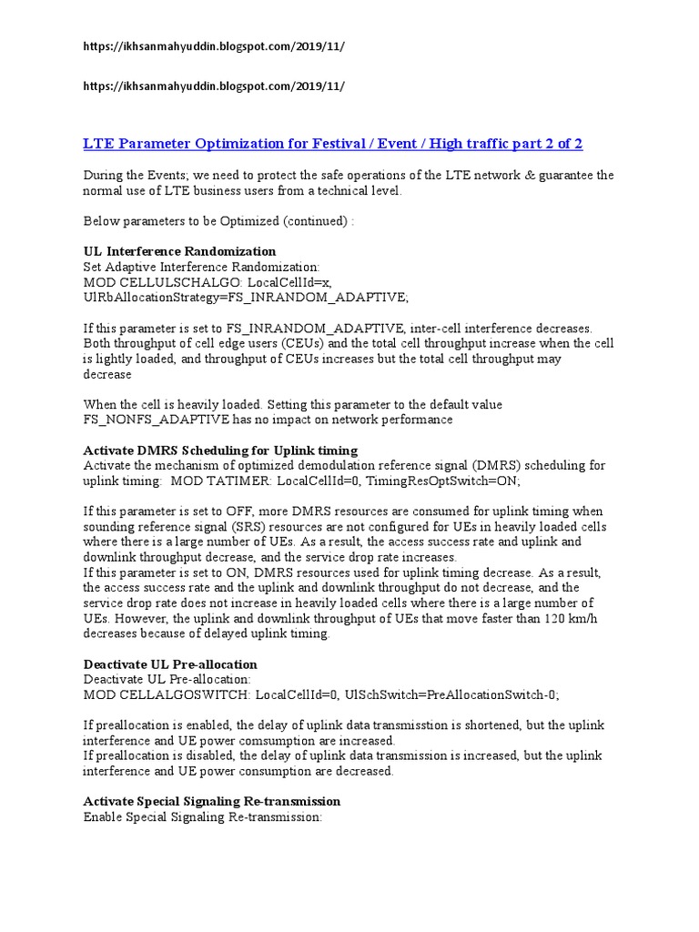 LTE Parameter Optimization For Festival | PDF | Mimo | Duplex ...