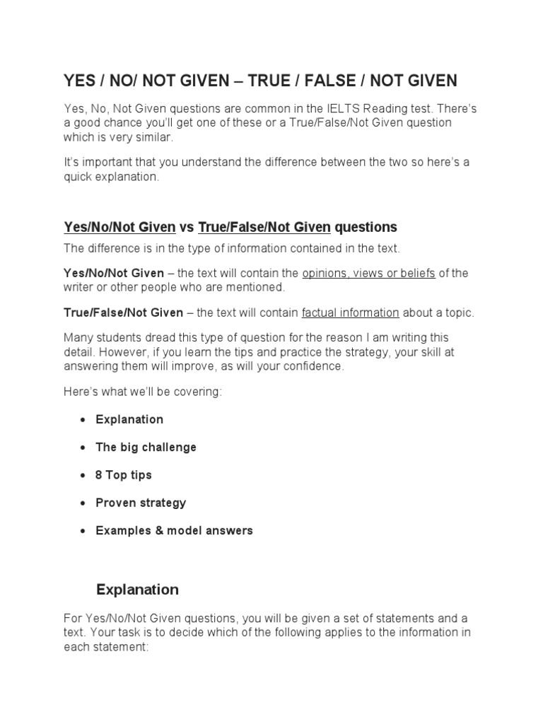 IELTS Reading: Yes/No/Not Given Guide | PDF | Question | Psychological ...