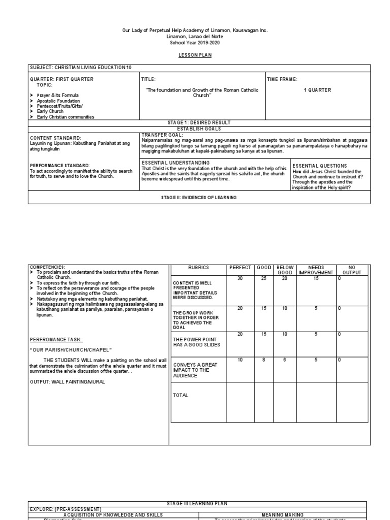 First Quarter CLE Lesson Plan | PDF | Educational Assessment | Catholic ...