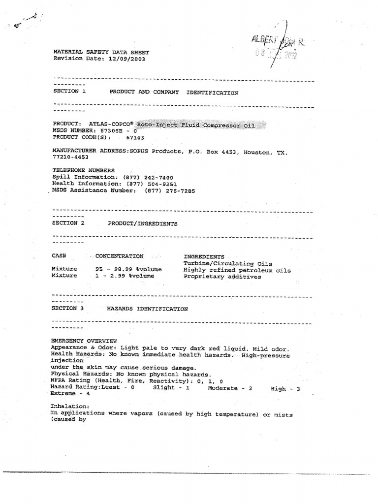 MSDS Atlas Copco | PDF