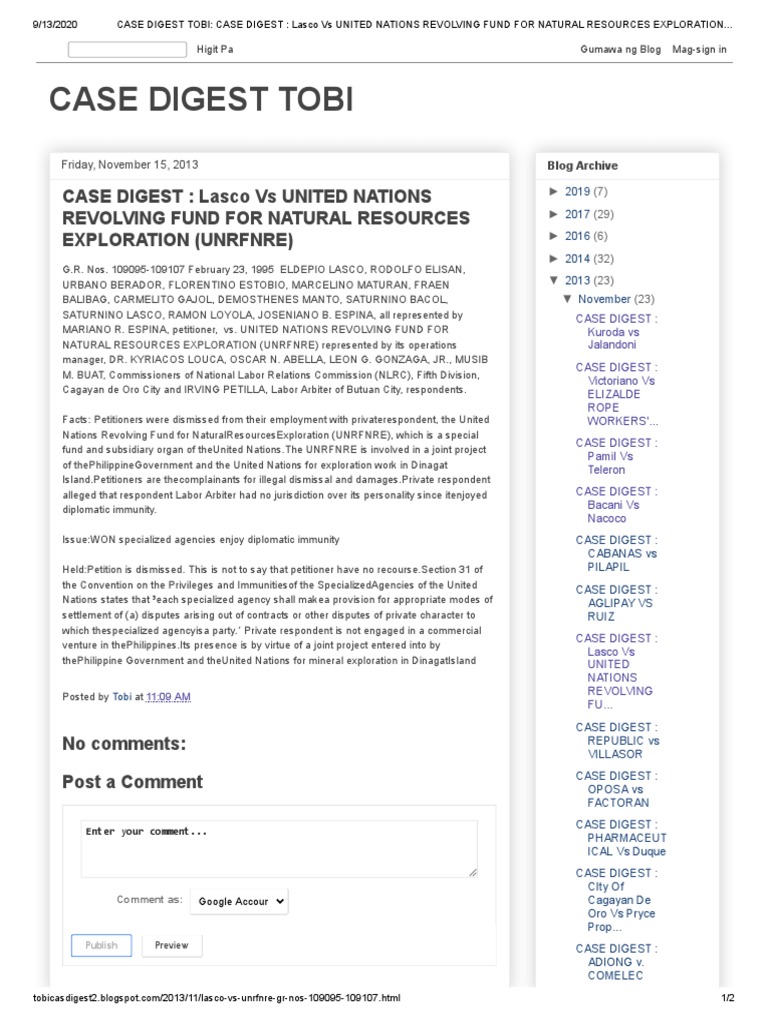 CASE DIGEST TOBI - CASE DIGEST - Lasco Vs UNITED NATIONS REVOLVING FUND FOR NATURAL RESOURCES ...