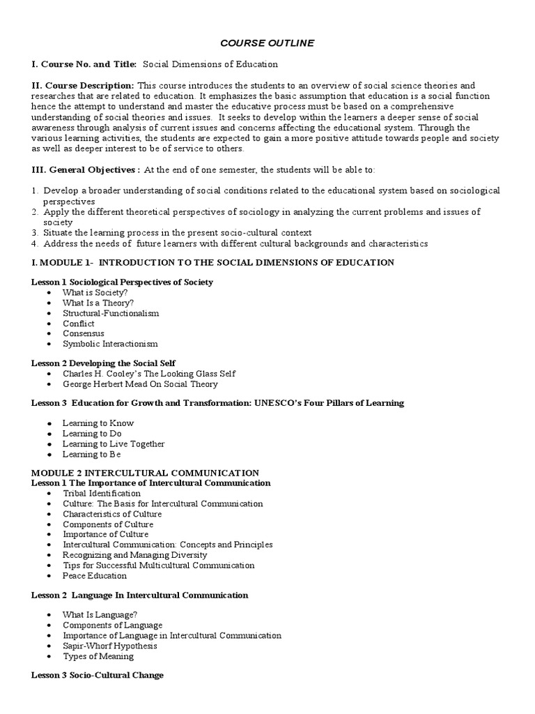 Course Outline For Social Dimensions of Education | PDF | Cross ...