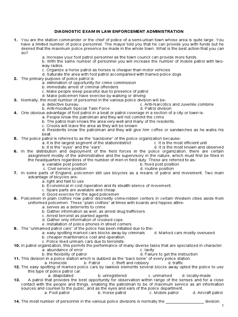 Diagnostic Exam in Law Enforcement Administration | PDF | Police Car ...