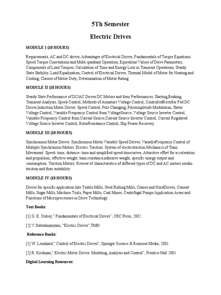 5Th Semester Electric Drives: Module I (10 Hours) | Download Free PDF | Electric Motor | Power ...