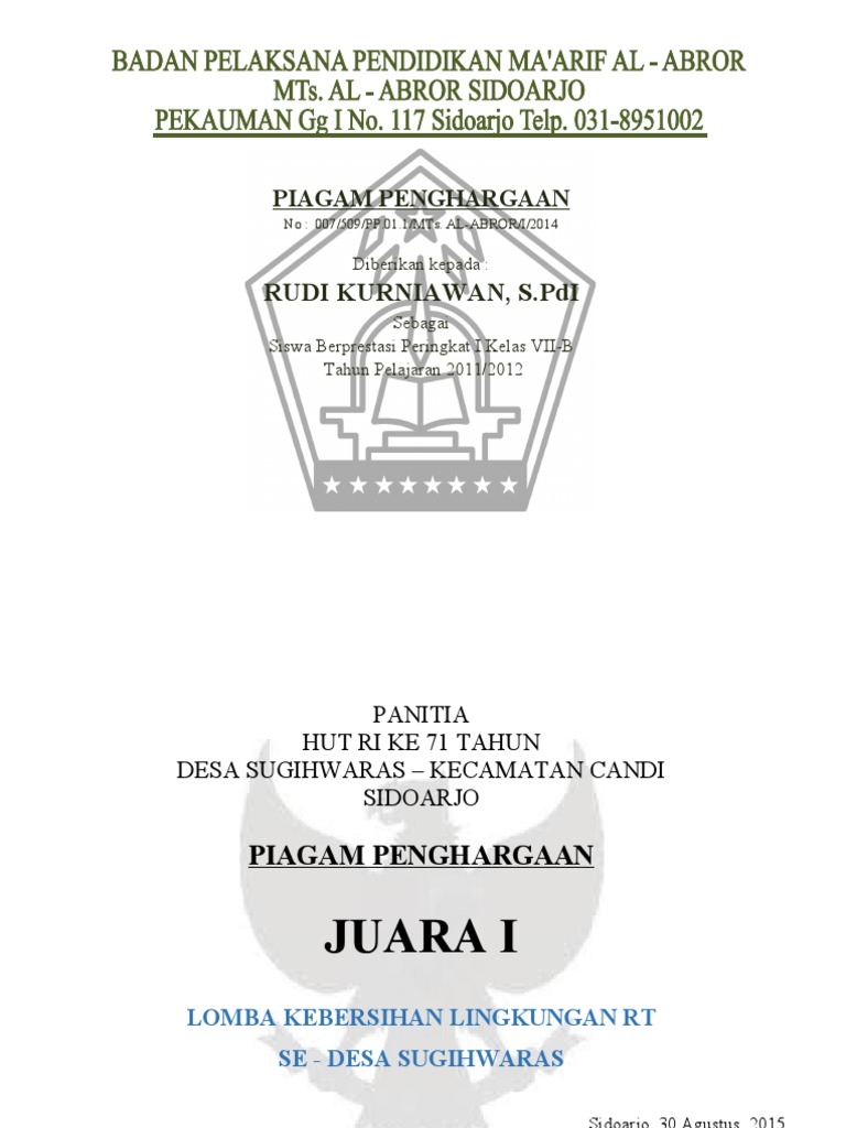 Piagam Penghargaan | PDF
