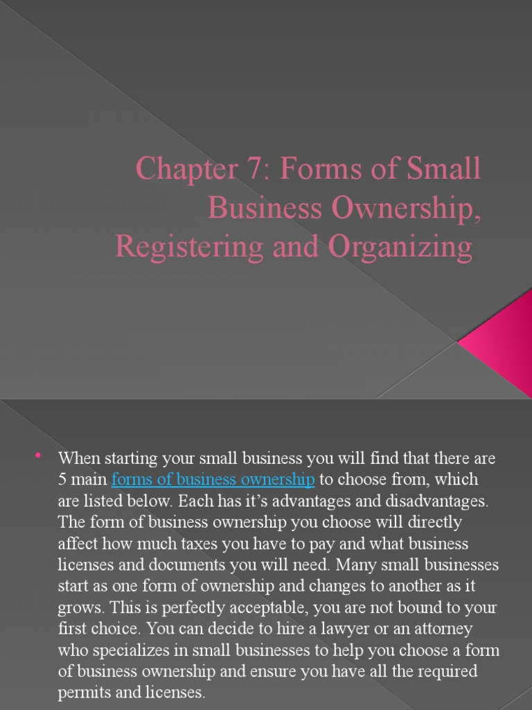 Chapter 7: Forms of Small Business Ownership, Registering and ...