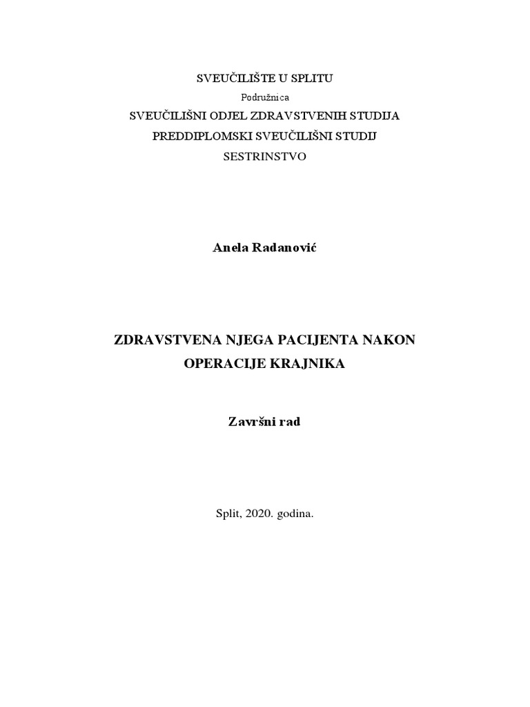 ZDRAVSTVENA NJEGA PACIJENTA NAKON Operacije Krajnika | PDF