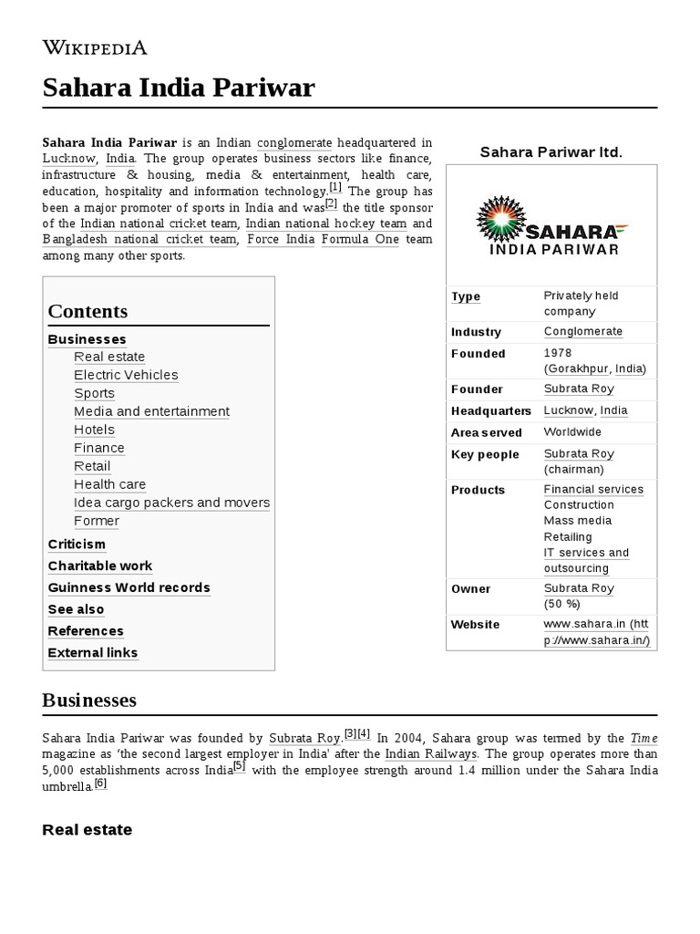 Sahara India Pariwar Is An Indian Conglomerate Headquartered in | PDF ...