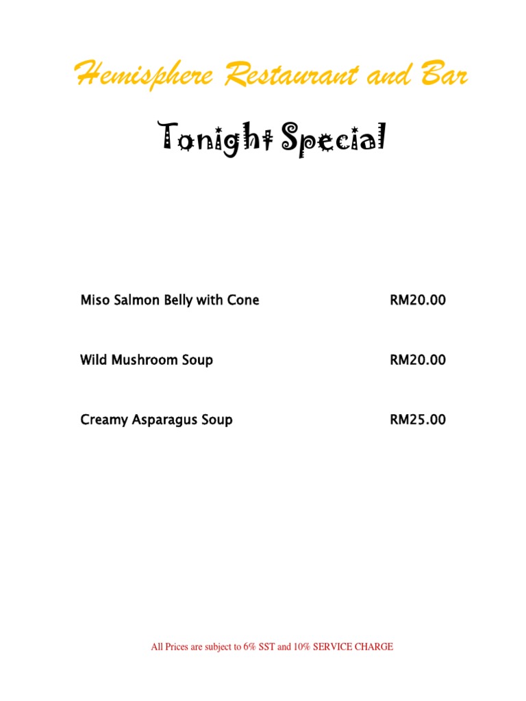 Hemisphere Restaurant and Bar: Tonight Special | PDF | Pasta | Foods
