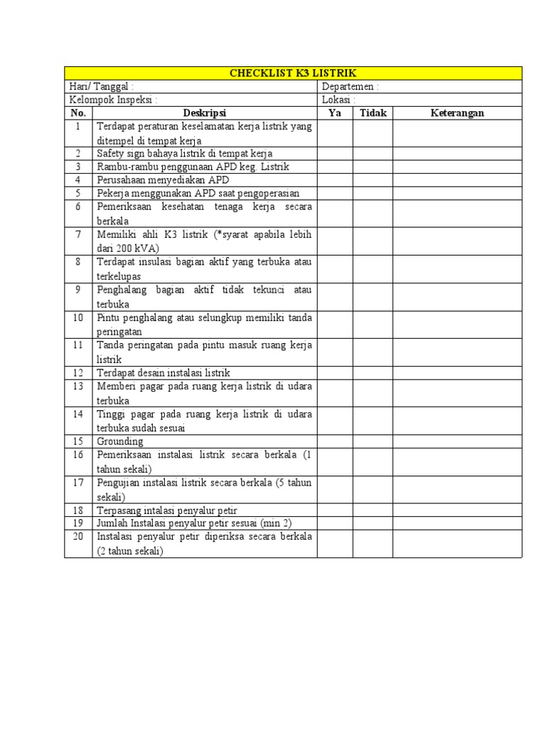 Checklist K3 Listrik | PDF | Sains & Matematika