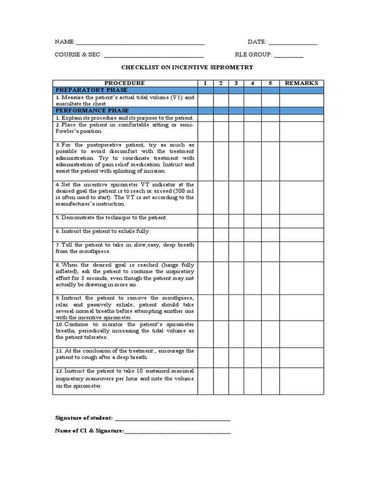 Checklist On Incentive Siprometry Procedure 1 2 3 4 5 Remarks ...