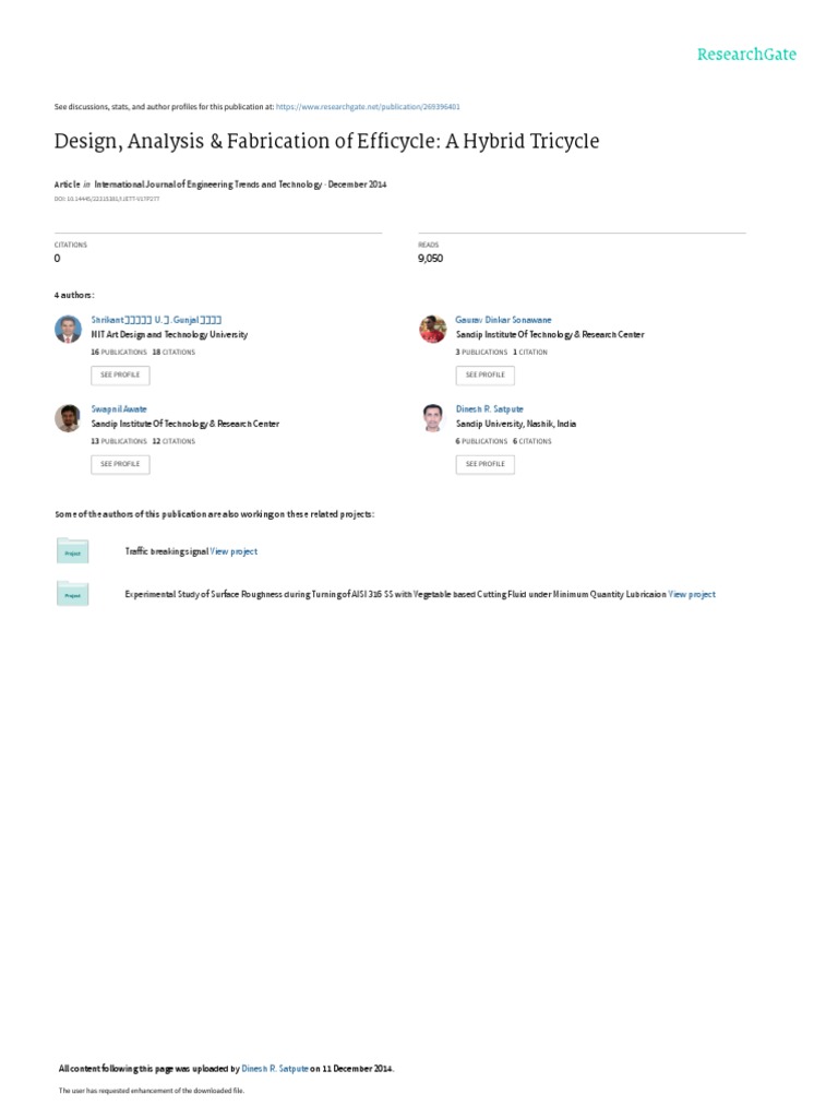 Design, Analysis & Fabrication of Efficycle: A Hybrid Tricycle | PDF ...