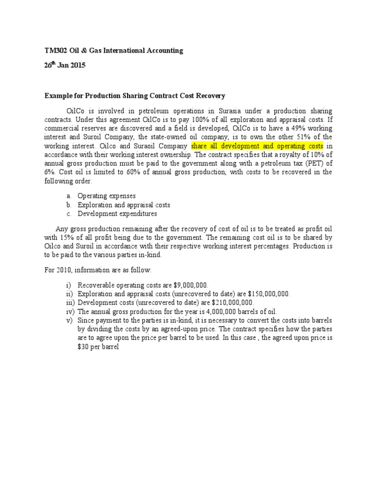 Example For Production Sharing Contract Cost Recovery