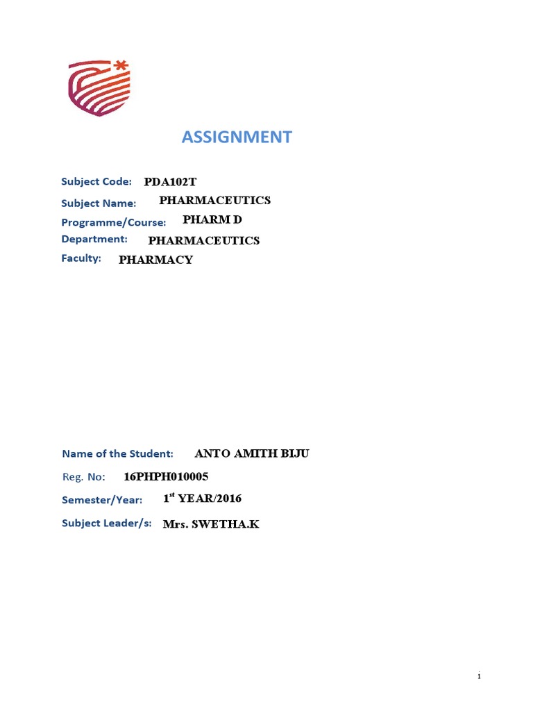 Assignment: PDA102T Pharmaceutics Pharm D Pharmaceutics Pharmacy | PDF | Nanoparticle ...