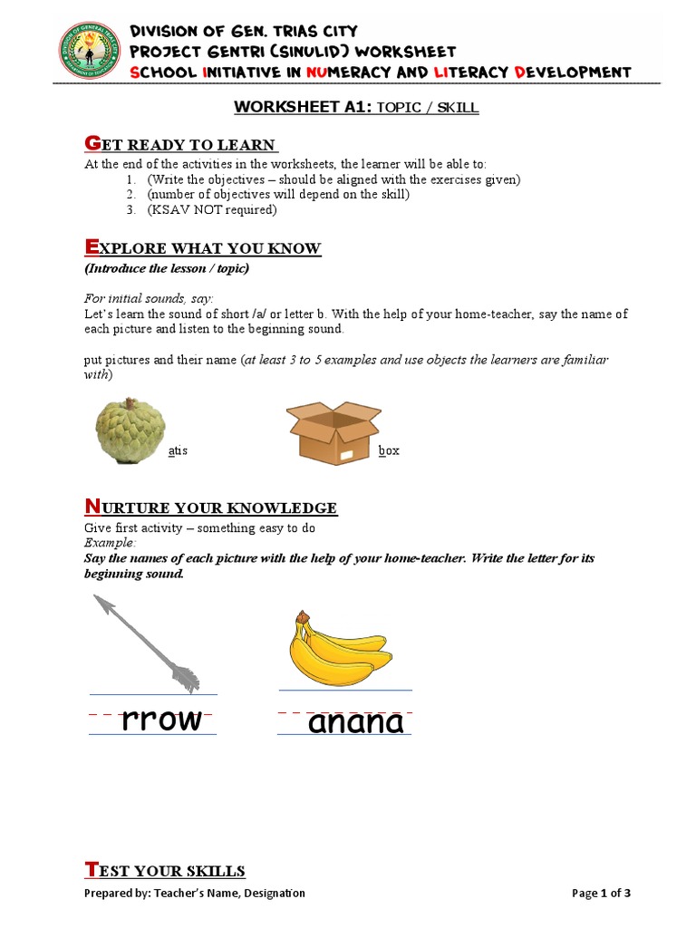 Anana Rrow: Worksheet A1: Et Ready To Learn | PDF