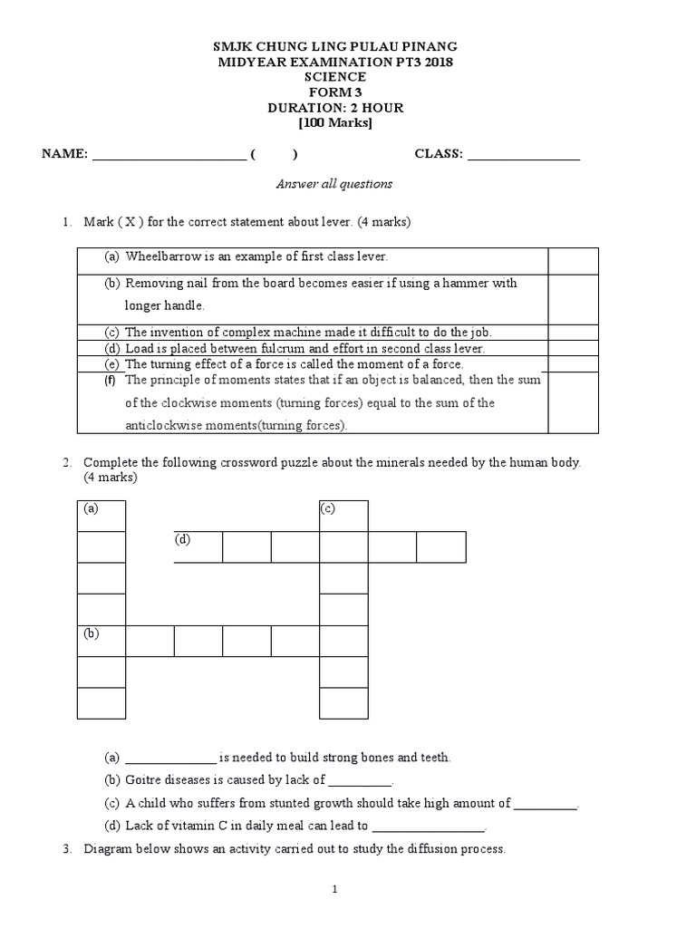 SMJK Chung Ling Pulau Pinang Midyear Examination Pt3 2018 Science Form 3 Duration: 2 Hour (100 ...