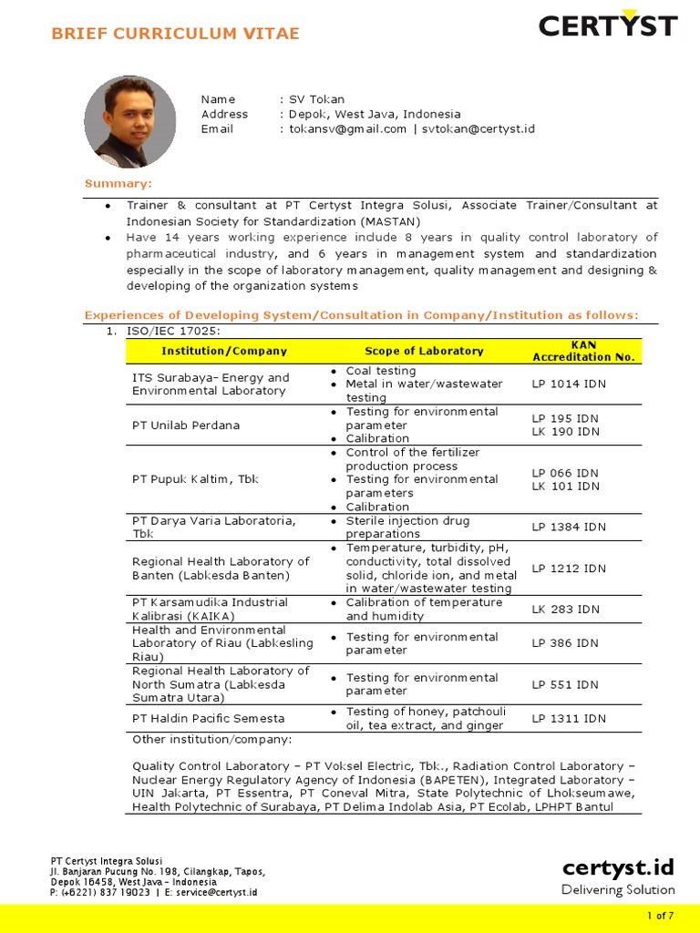 Certyst - Id: Brief Curriculum Vitae | PDF | Metrology | Verification ...