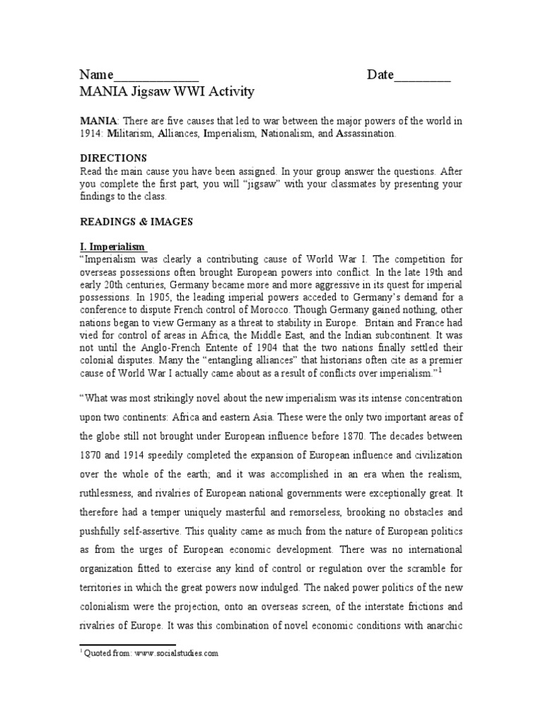 Causes of WWI Jigsaw Activity | PDF | Austria Hungary | Allies Of World ...