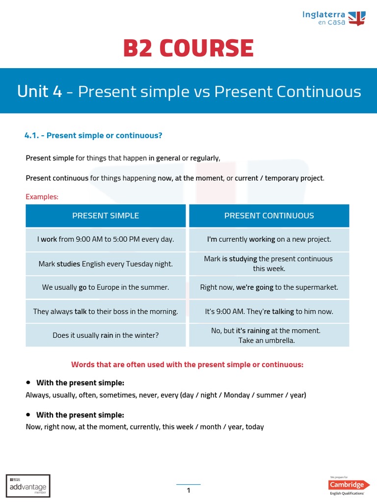 B2 Course: Unit 4 - Present Simple Vs Present Continuous | PDF ...