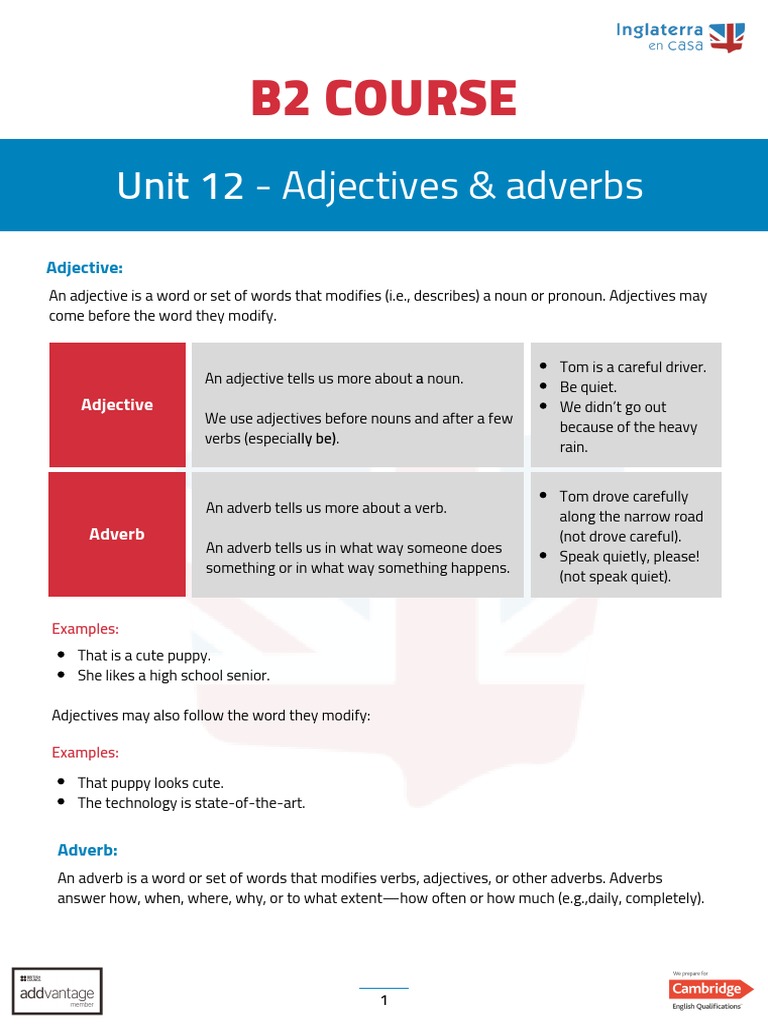 B2 Course: Unit 12 - Adjectives & Adverbs | PDF | Adverb | Adjective