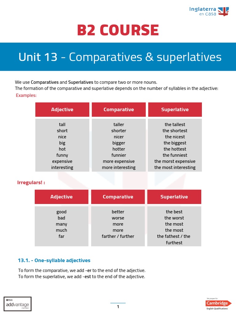B2 Course: Unit 13 - Comparatives & Superlatives | PDF | Adjective ...