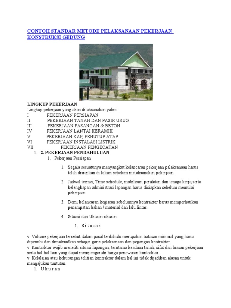 Contoh Standar Metode Pelaksanaan Pekerjaan Konstruksi Gedung PDF | PDF